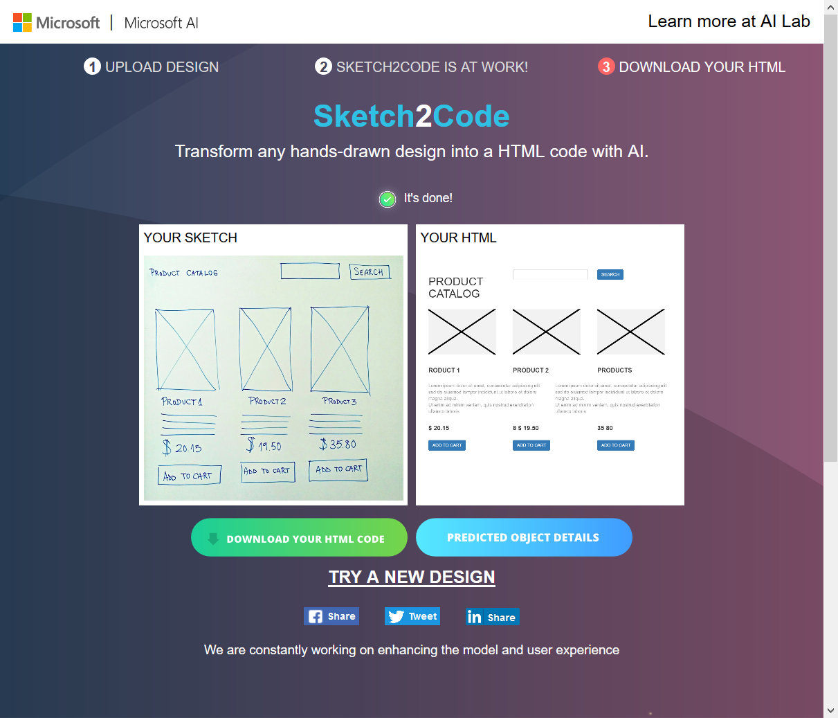 MS が手書きのワイヤーフレームを HTML に変換する Sketch2Code を公開