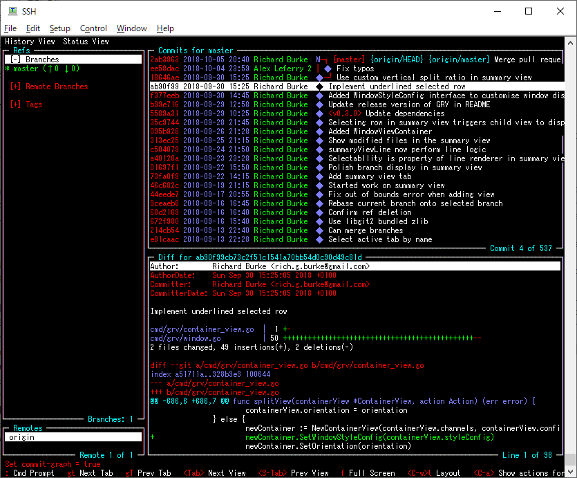 コマンドラインから使える git のリポジトリ閲覧ソフト grv が便利